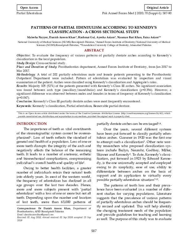 (PDF) Kennedy Classification Patterns of Partial Edentulism Study