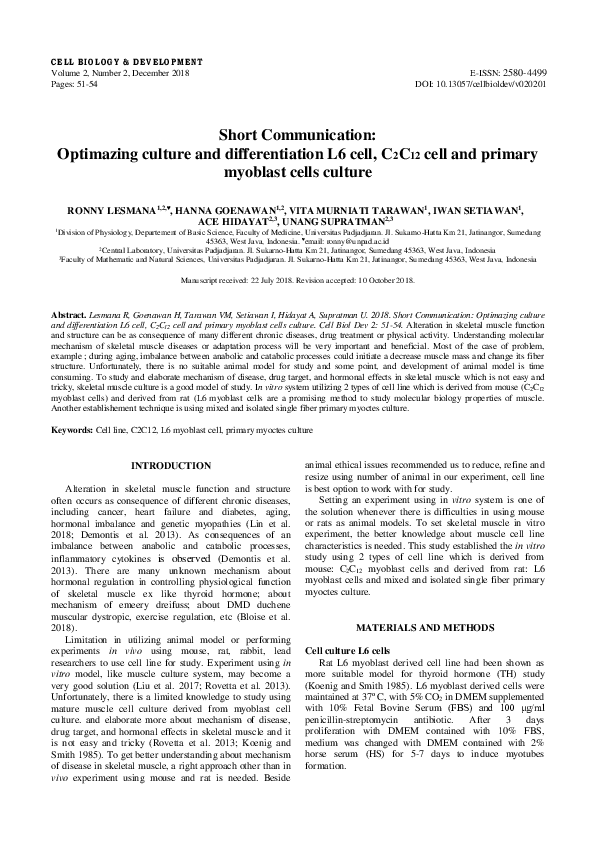 (PDF) Short Communication: Optimazing culture and differentiation L6 cell, C2C12 cell and ...