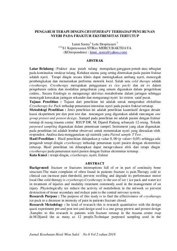 (PDF) Pengaruh Terapi Dingin Cryotherapy Terhadap Penurunan Nyeri Pada Fraktur Ekstremitas Tertutup