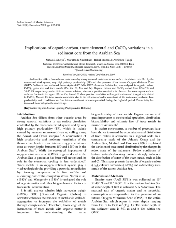 (PDF) Implications of organic carbon, trace elemental and CaCO 3 variations in a sediment core ...