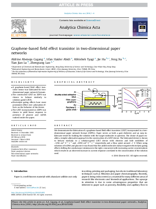 (PDF) Graphene-based field effect transistor in two-dimensional paper networks