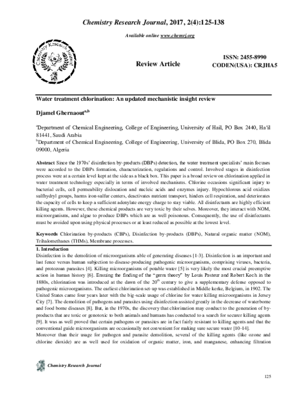 (PDF) CODEN(USA): CRJHA5 Water treatment chlorination: An updated ...