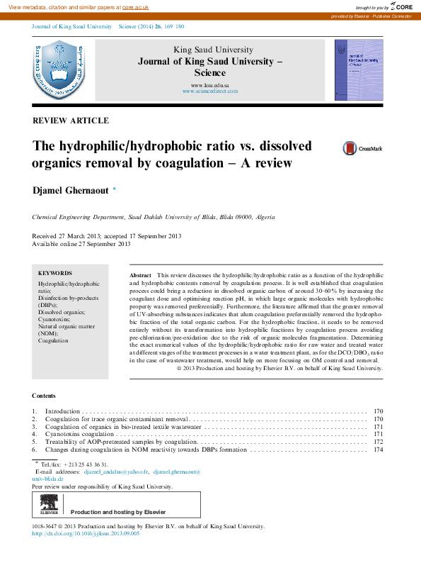 (PDF) The hydrophilic/hydrophobic ratio vs. dissolved organics removal ...