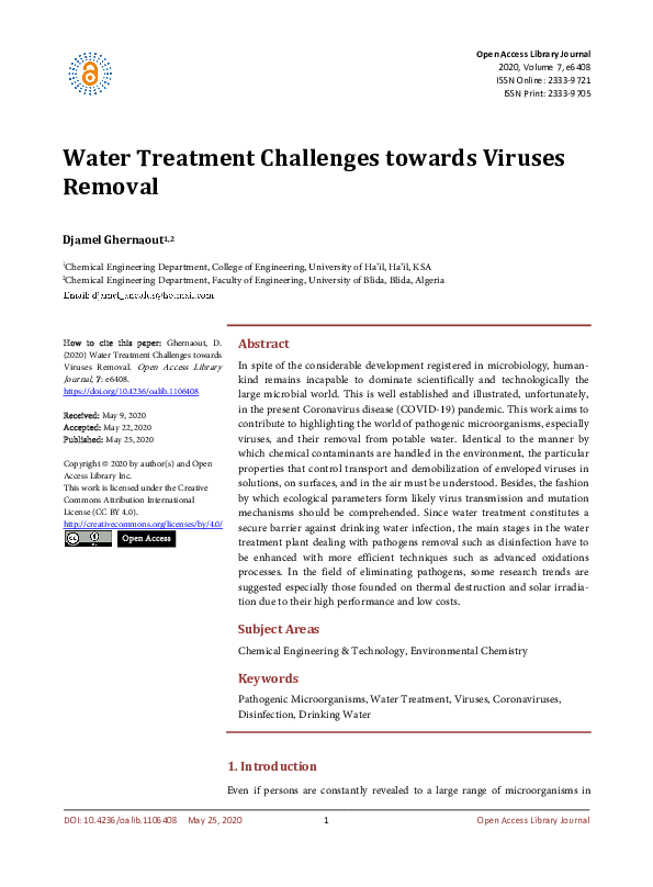 (PDF) Water Treatment Challenges towards Viruses Removal
