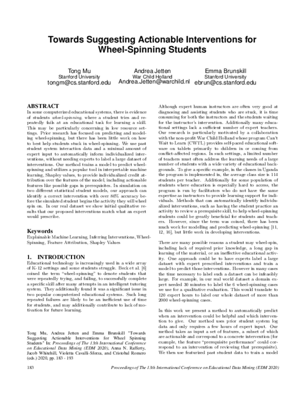 (PDF) Towards Suggesting Actionable Interventions for Wheel Spinning Students