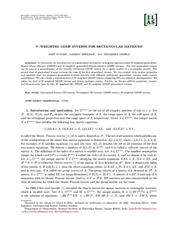 (PDF) W-weighted GDMP inverse for rectangular matrices