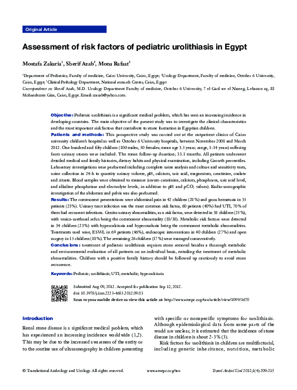 (PDF) Assessment of risk factors of pediatric urolithiasis in Egypt