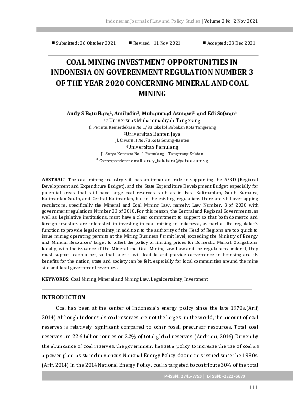 (PDF) Coal Mining Investment Opportunities in Indonesia on Goverenment Regulation Number 3 of ...