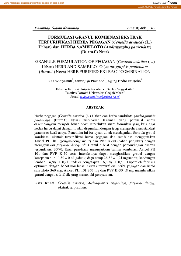 (PDF) FORMULASI GRANUL KOMBINASI EKSTRAK TERPURIFIKASI HERBA PEGAGAN (Centella asiatica) (L ...