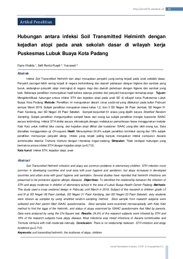 (PDF) Hubungan antara infeksi Soil Transmitted Helminth dengan kejadian atopi pada anak sekolah ...
