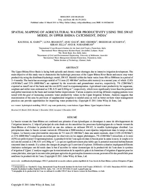 (PDF) Spatial Mapping of Agricultural Water Productivity Using the Swat Model in Upper Bhima ...
