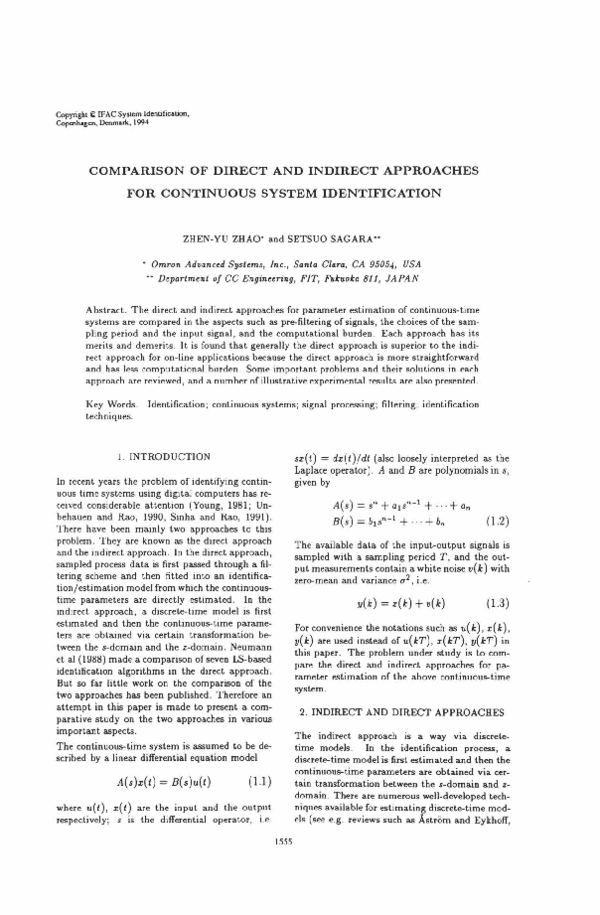 (PDF) Comparison of Direct and Indirect Approaches for Continuous System Identification