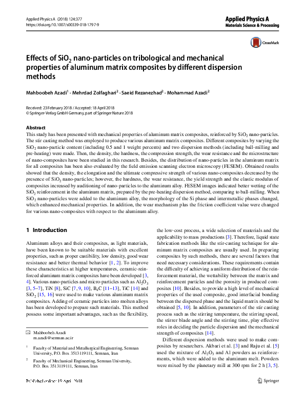 (PDF) Effects of SiO2 nano-particles on tribological and mechanical properties of aluminum ...