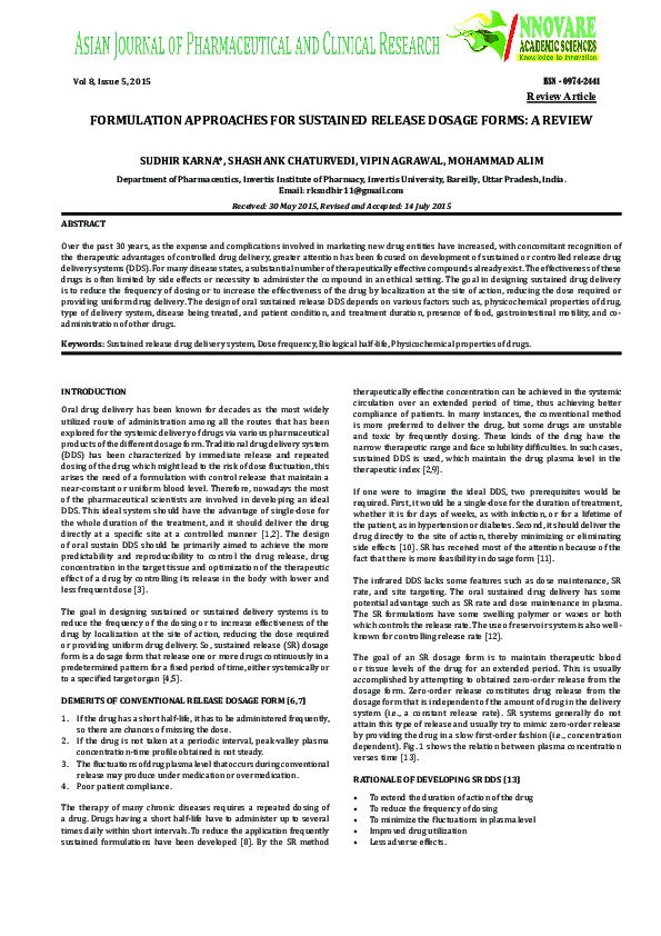 Pdf Formulation Approaches For Sustained Release Dosage Forms A Review