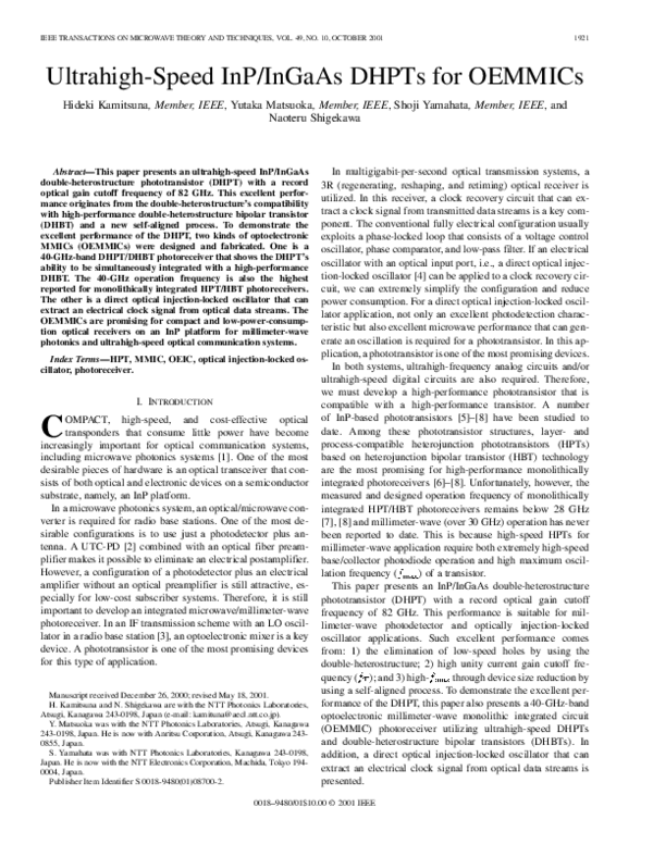 (PDF) Ultrahigh-speed InP/InGaAs DHPTs for OEMMICs