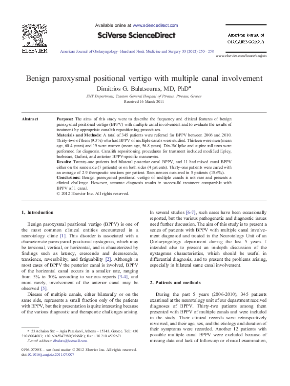 (PDF) Benign paroxysmal positional vertigo with multiple canal involvement
