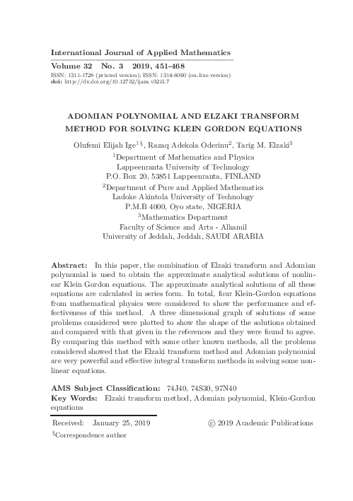 Pdf Adomian Polynomial And Elzaki Transform Method For Solving Klein