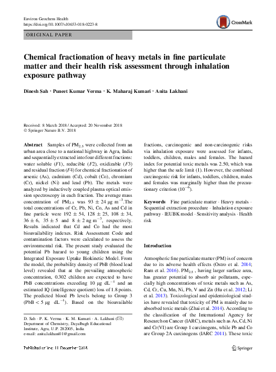 Pdf Chemical Fractionation Of Heavy Metals In Fine Particulate Matter And Their Health Risk