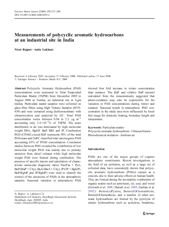 (PDF) Measurements of polycyclic aromatic hydrocarbons at an industrial site in India | anita ...