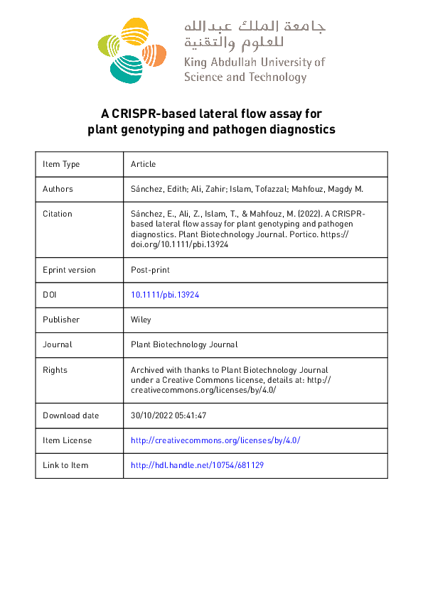 (PDF) A CRISPR ‐based lateral flow assay for plant genotyping and pathogen diagnostics | Zahir ...