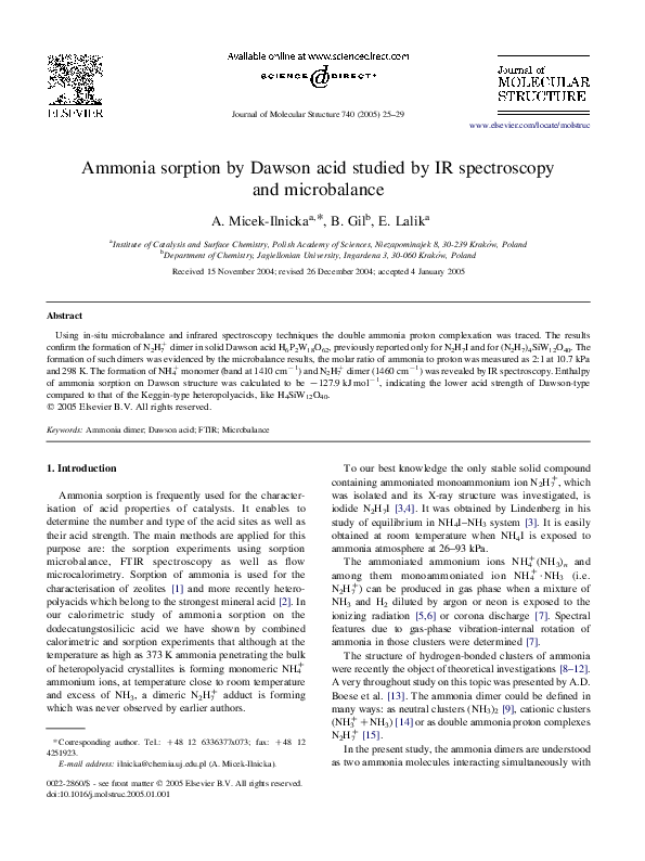 (PDF) Ammonia sorption by Dawson acid studied by IR spectroscopy and ...