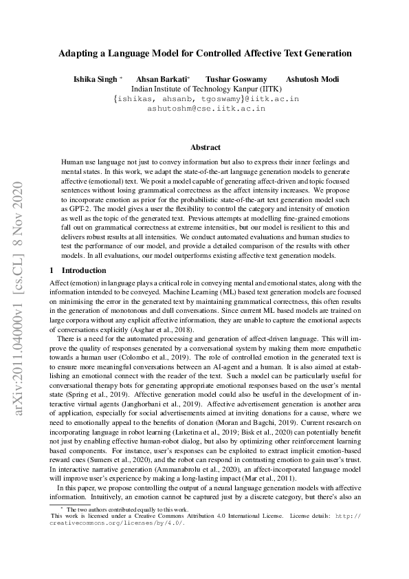 (PDF) Adapting a Language Model for Controlled Affective Text Generation | Ishika Singh ...