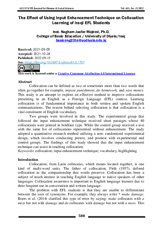 Pdf The Effect Of Using Input Enhancement Technique On Collocation ‎learning Of Iraqi Efl 9504