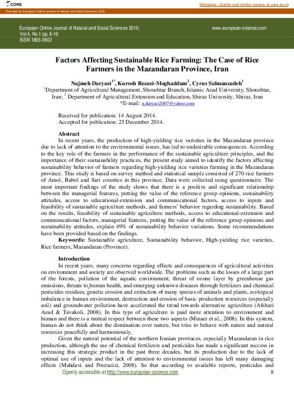 (PDF) Factors Affecting Sustainable Rice Farming:The Case of Rice ...