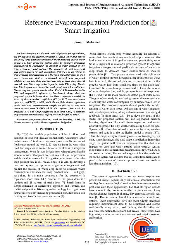 (PDF) Reference Evapotranspiration Prediction for Smart Irrigation