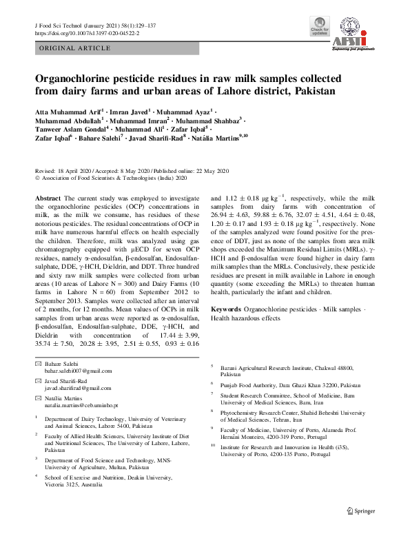 (PDF) Organochlorine pesticide residues in raw milk samples collected from dairy farms and urban ...