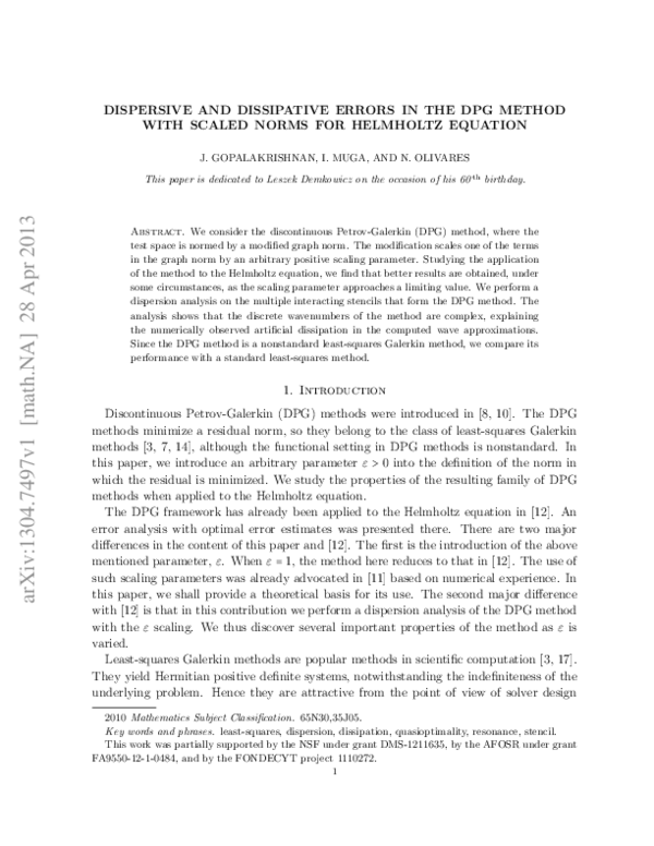 (PDF) Dispersive and Dissipative Errors in the DPG Method with Scaled Norms for Helmholtz Equation