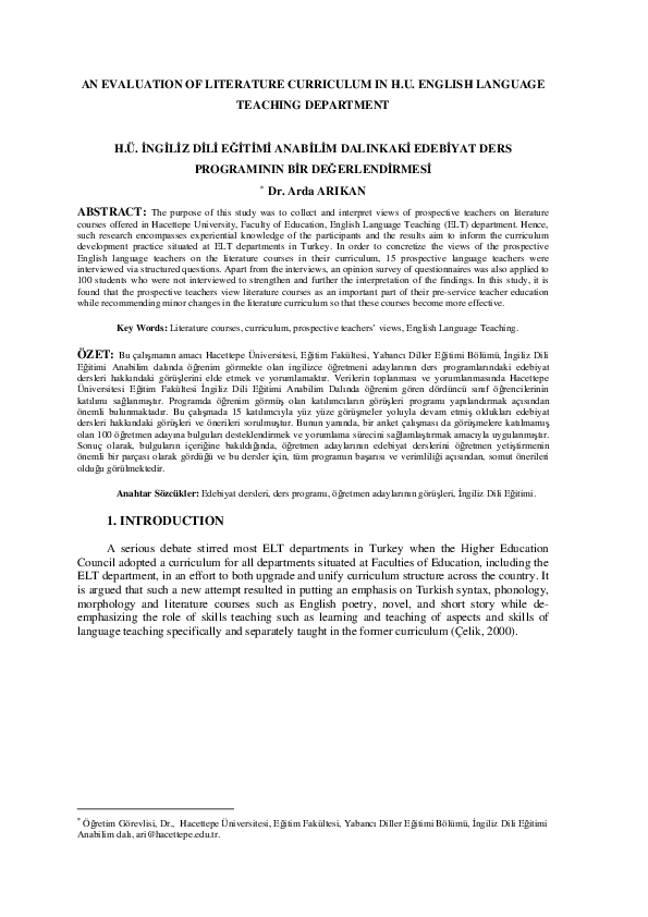 (PDF) An Evaluation of Literature Curriculum in HU English Language Teaching Department