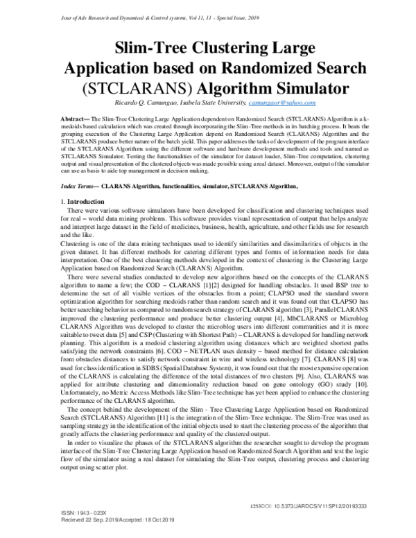 (PDF) Slim-Tree Clustering Large Application based on Randomized Search (STCLARANS) Algorithm ...