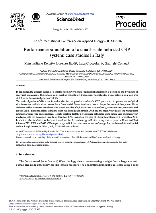 (PDF) Performance Simulation of a Small-scale Heliostat CSP System: Case Studies in Italy