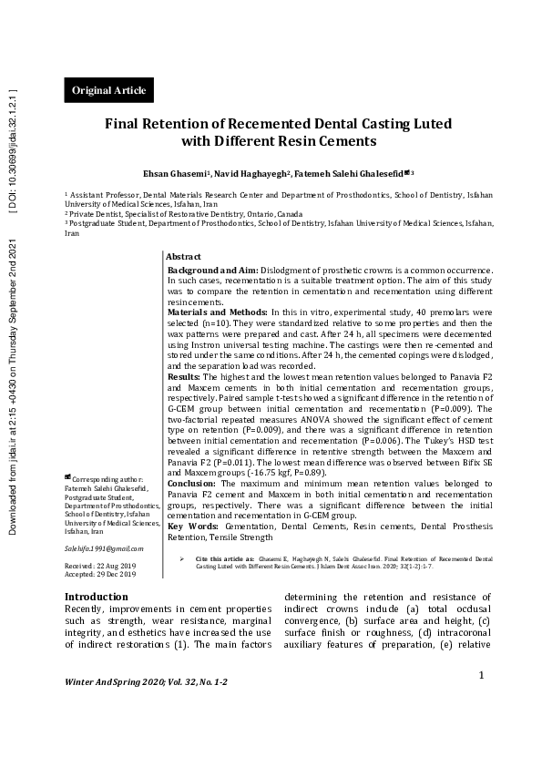 (PDF) Final Retention of Recemented Dental Casting Luted with Different ...