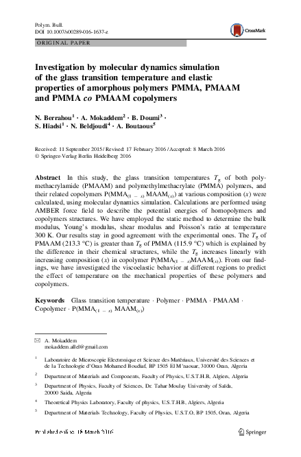 (PDF) Investigation by molecular dynamics simulation of the glass transition temperature and ...