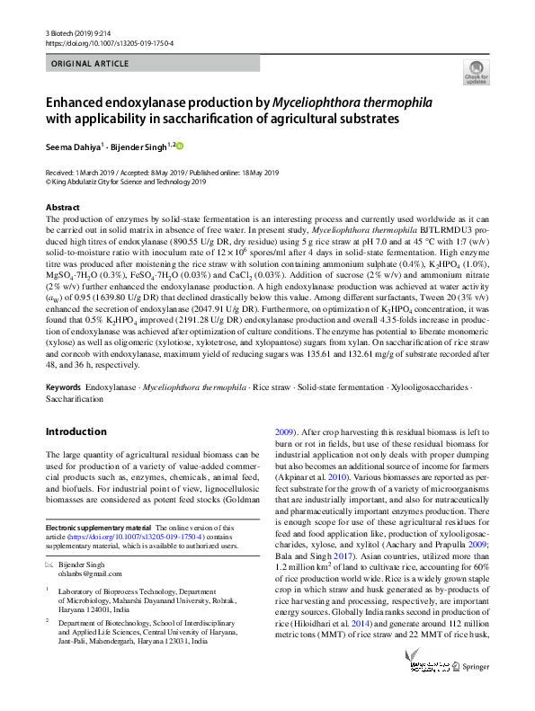 (PDF) Enhanced endoxylanase production by Myceliophthora thermophila with applicability in ...