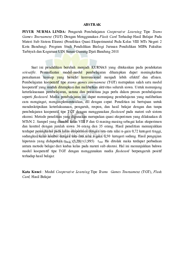 Pengaruh pembelajaran Cooperative Learning Tipe TGT (Teams games tournaments) dengan menggunakan ...