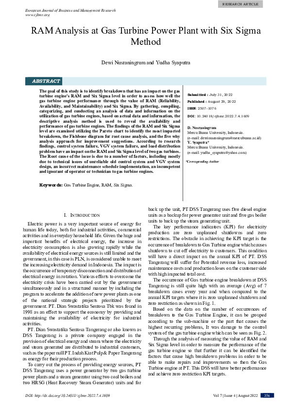 (PDF) RAM Analysis at Gas Turbine Power Plant with Six Sigma Method