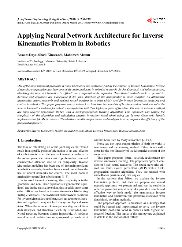 Pdf Applying Neural Network Architecture For Inverse Kinematics