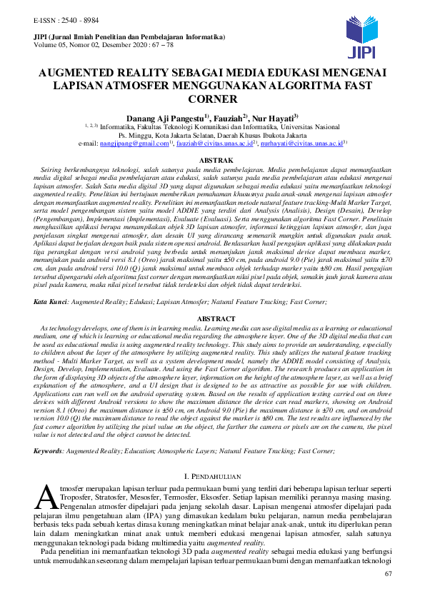 Pdf Augmented Reality Sebagai Media Edukasi Mengenai Lapisan Atmosfer Menggunakan Algoritma