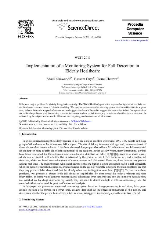 Pdf Implementation Of A Monitoring System For Fall Detection In