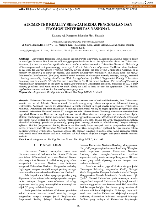 (PDF) Augmented Reality Sebagai Media Pengenalan Dan Promosi Universitas Nasional