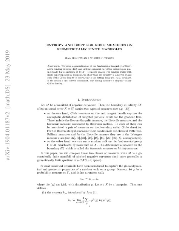 (PDF) Entropy and drift for Gibbs measures on geometrically finite manifolds