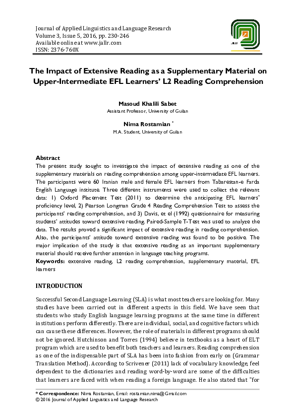 (PDF) The Impact of Extensive Reading as a Supplementary Material on Upper-Intermediate EFL ...