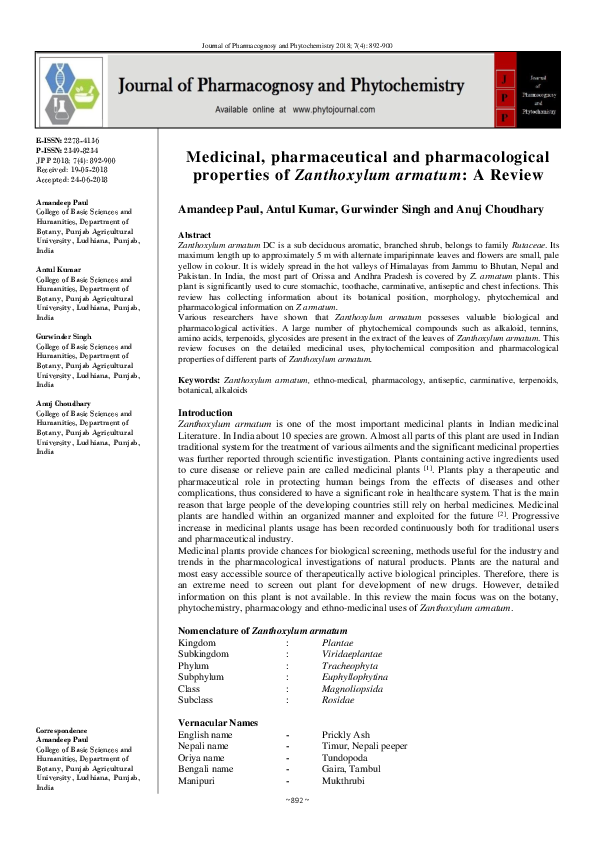(PDF) Medicinal, pharmaceutical and pharmacological properties of Zanthoxylum armatum: A Review
