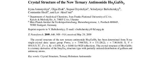(PDF) Crystal Structure of the New Ternary Antimonide Ho5GaSb3