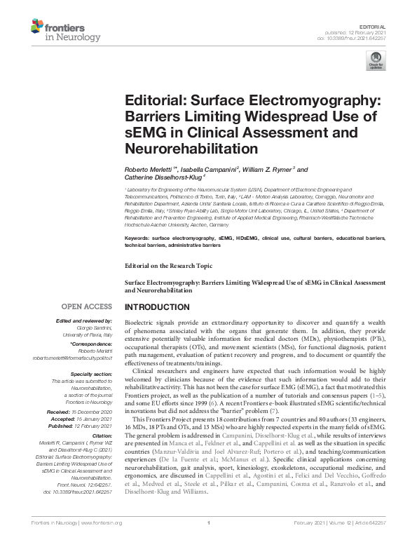 (PDF) Editorial: Surface Electromyography: Barriers Limiting Widespread Use of sEMG in Clinical ...