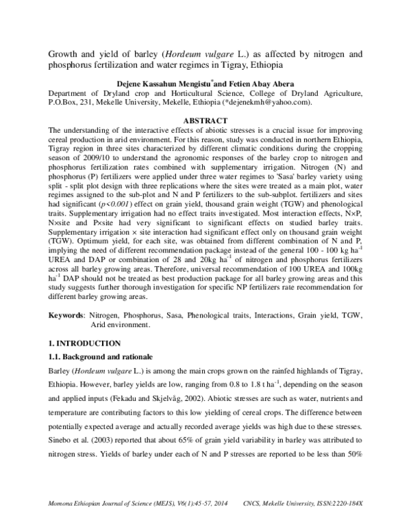 (PDF) Growth and yield of barley ( Hordeum vulgare L .) as affected by ...