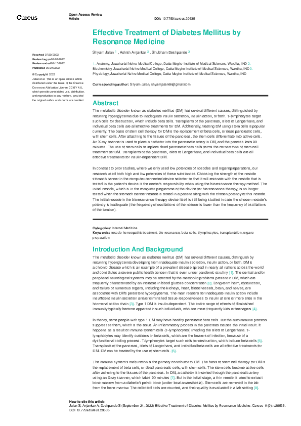 (PDF) Effective Treatment of Diabetes Mellitus by Resonance Medicine